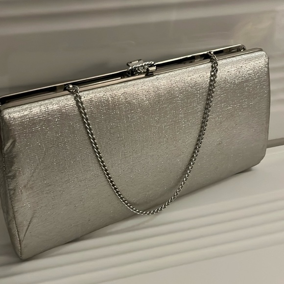 Bags | Vintage Silver Metallic Clutch Rhinestone Clasp And Hidden ...